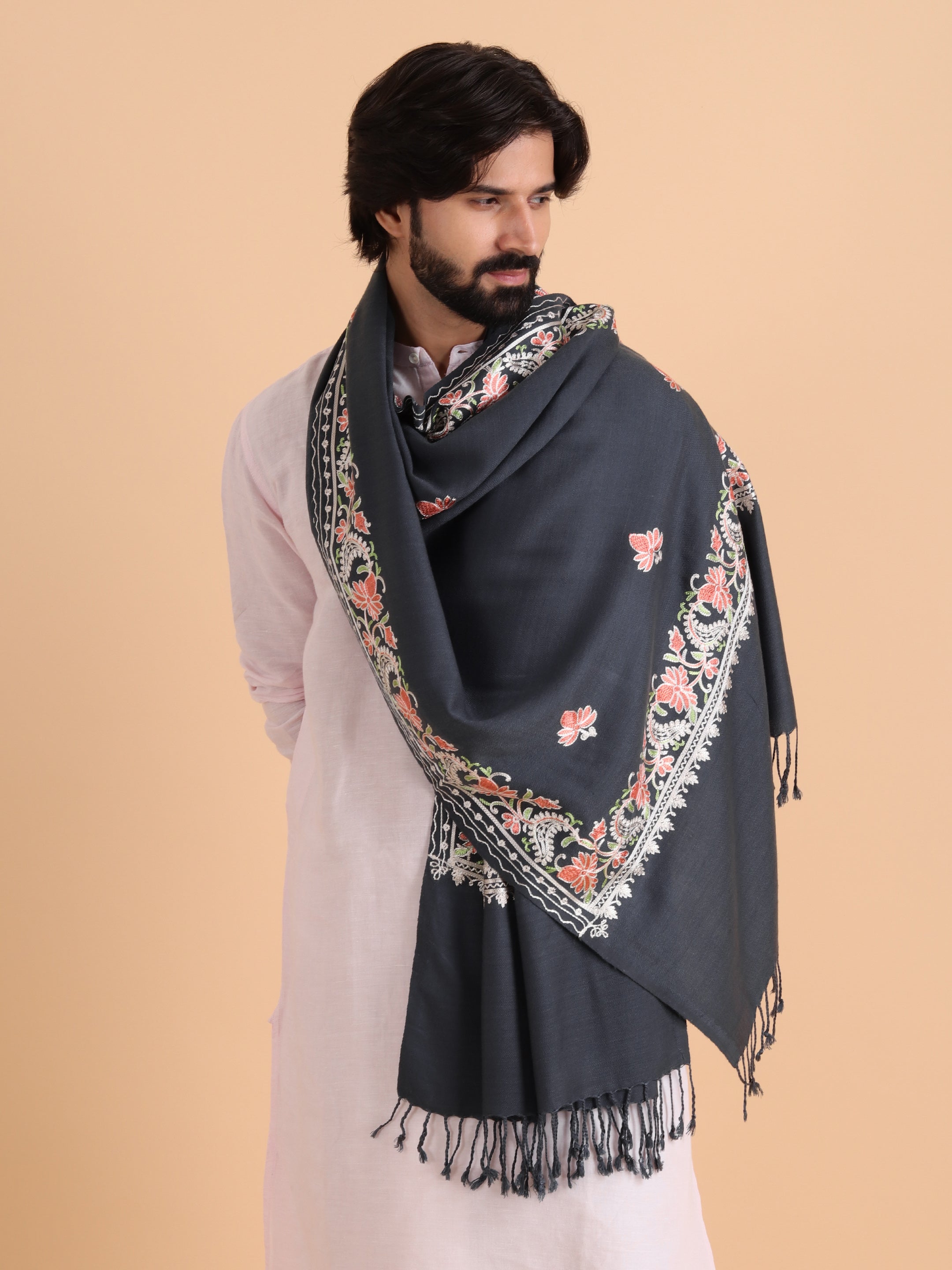 Acro Wool Stole / Wrap with Aari Embroidery Border - Grey - Tweedle