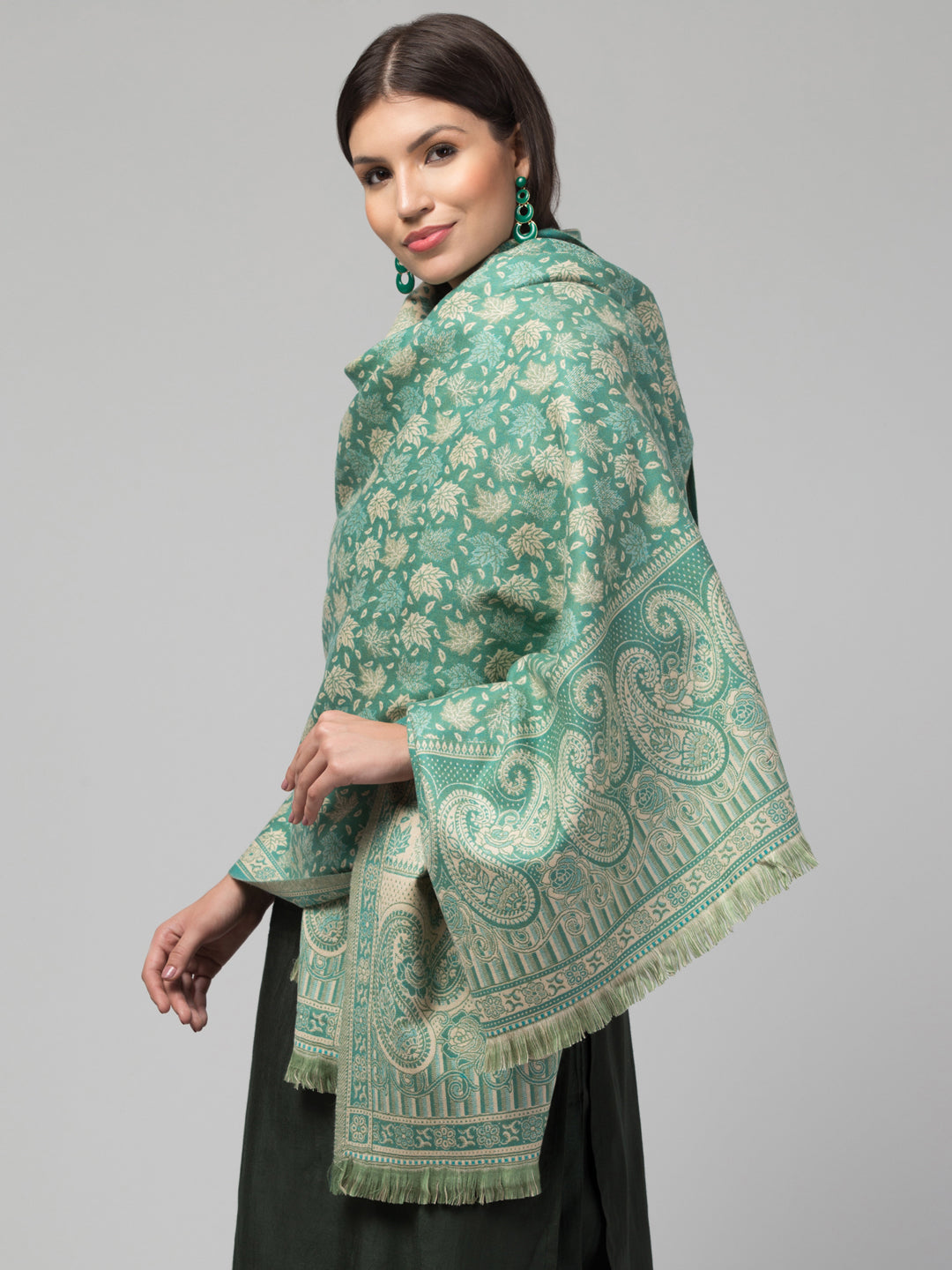 Double Sided Acro Wool Jacquard Shawl - Green – Tweedle