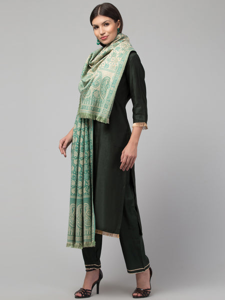 Double Sided Acro Wool Jacquard Shawl - Green - Tweedle